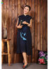 Dark Blue Long Cotton Dresses , Layered Design Chinese Traditional Dress For Girl
