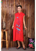 Sleeveless Women Red Embroidered Cotton Dress With Cheongsam Type Buckle