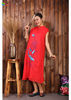 Sleeveless Women Red Embroidered Cotton Dress With Cheongsam Type Buckle