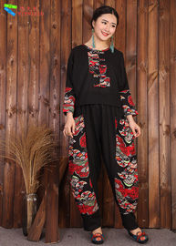 Chinese Style Womens Linen Suits Clothing Black Blouse And Pants Casual Suit