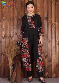 Chinese Style Womens Linen Suits Clothing Black Blouse And Pants Casual Suit
