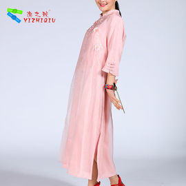 Summer Pink Cheongsam Dress Chinese Traditional Dress Qipao Flower Embroidered