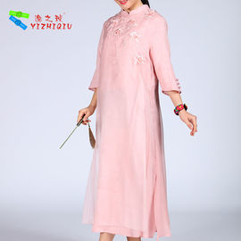 Summer Pink Cheongsam Dress Chinese Traditional Dress Qipao Flower Embroidered