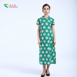 Green Sexy Women Floral Cheongsam Qipao Dress Cotton Blend Fabric For Party