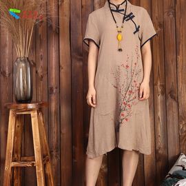 Tea Color Chinese Dress Cheongsam 100% Cotton Material For Daily Wear