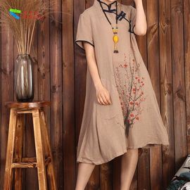 Tea Color Chinese Dress Cheongsam 100% Cotton Material For Daily Wear