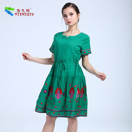 Short Sleeve Waist Green Ladies Cotton Dresses , Floral Cotton House Dresses
