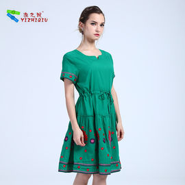 Short Sleeve Waist Green Ladies Cotton Dresses , Floral Cotton House Dresses