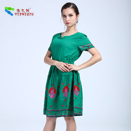 Short Sleeve Waist Green Ladies Cotton Dresses , Floral Cotton House Dresses