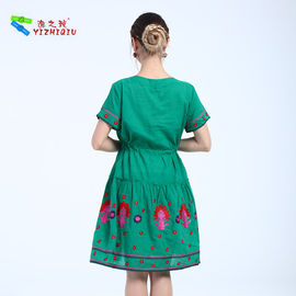 Short Sleeve Waist Green Ladies Cotton Dresses , Floral Cotton House Dresses