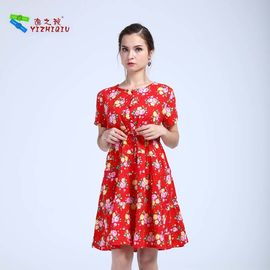 Retro Style Pattern Red Cotton Dress , Ladies Summer Dresses With Short Sleeves