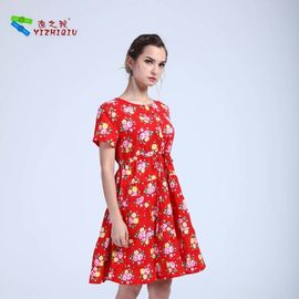 Retro Style Pattern Red Cotton Dress , Ladies Summer Dresses With Short Sleeves
