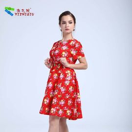 Retro Style Pattern Red Cotton Dress , Ladies Summer Dresses With Short Sleeves