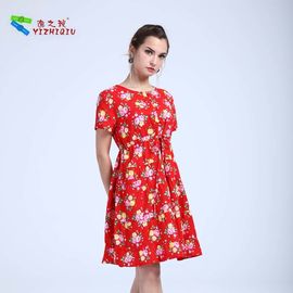 Retro Style Pattern Red Cotton Dress , Ladies Summer Dresses With Short Sleeves