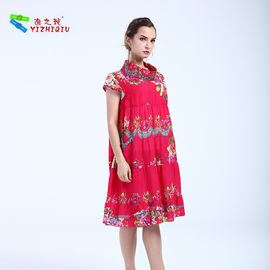 Comfortable Red Short Cotton Summer Dresses Floral Pattern For Mature Woman