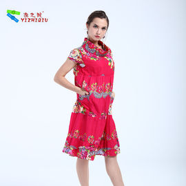 Comfortable Red Short Cotton Summer Dresses Floral Pattern For Mature Woman