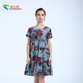 Lady Waist Midi Printing Flower Cotton Summer Dresses With Short Sleeves
