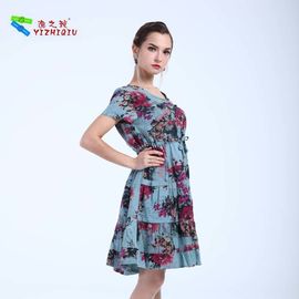 Lady Waist Midi Printing Flower Cotton Summer Dresses With Short Sleeves