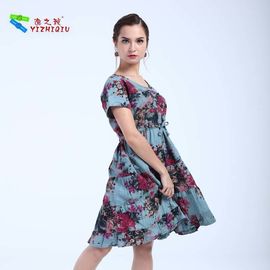 Lady Waist Midi Printing Flower Cotton Summer Dresses With Short Sleeves