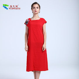Red Pure Color Ladies Cotton Summer Dresses With Shoulder Pattern Print