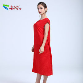 Red Pure Color Ladies Cotton Summer Dresses With Shoulder Pattern Print