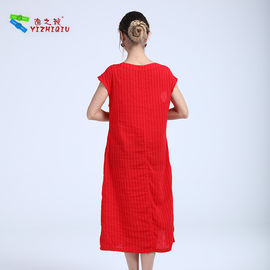Red Pure Color Ladies Cotton Summer Dresses With Shoulder Pattern Print