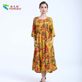 Anti Static Cotton Long Ladies Floral Dresses Waist Fitted Retro Design