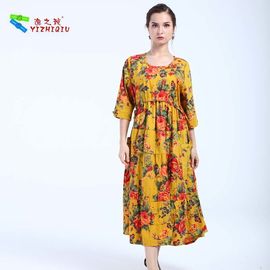 Anti Static Cotton Long Ladies Floral Dresses Waist Fitted Retro Design