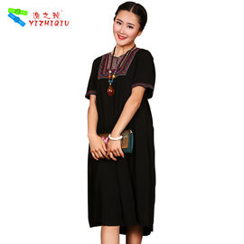 Simple Long Linen Dresses , Ladies One Piece Dress Mexican Embroidered