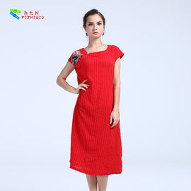 Daily Wear Red Cotton Long Sleeve Dress With Mandarin Collar Neckline