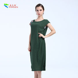 Eco Friendly Green Long Cotton Dresses Embroidered With Garment Dyed Technic