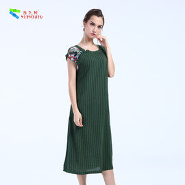 Eco Friendly Green Long Cotton Dresses Embroidered With Garment Dyed Technic