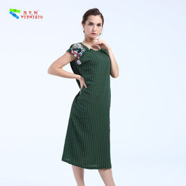 Eco Friendly Green Long Cotton Dresses Embroidered With Garment Dyed Technic