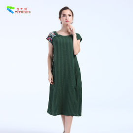 Eco Friendly Green Long Cotton Dresses Embroidered With Garment Dyed Technic