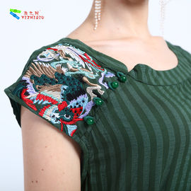 Eco Friendly Green Long Cotton Dresses Embroidered With Garment Dyed Technic
