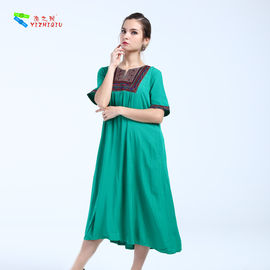 Embroidered Green Cotton Dress Chinese Style With Mid - Calf Dresses Length