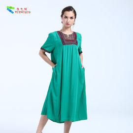 Embroidered Green Cotton Dress Chinese Style With Mid - Calf Dresses Length