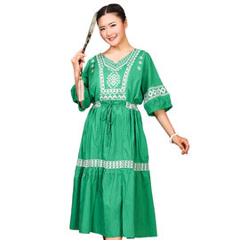 Traditional Chinese Embroidered Cotton Dress Multi - Color With Dropped Waistline
