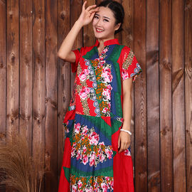 Traditional Chinese Women'S Dress , Ladies Long Cotton Dresses Stand Neckline