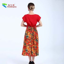 Chinese Colorful Long Summer Dresses , Neck Waist Printed Cotton Long Frocks For Womens