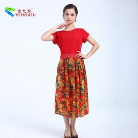Chinese Colorful Long Summer Dresses , Neck Waist Printed Cotton Long Frocks For Womens
