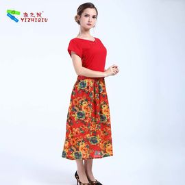 Chinese Colorful Long Summer Dresses , Neck Waist Printed Cotton Long Frocks For Womens