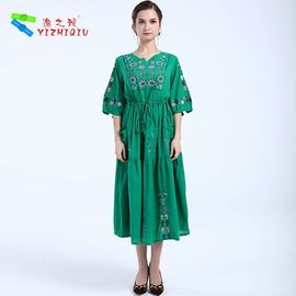 YIZHIQIU embroidery green women boho dress