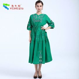 Embroidered Half Sleeve Boho Maxi Dress Linen / Cotton Material Skin Friendly