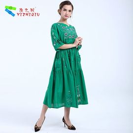 Embroidered Half Sleeve Boho Maxi Dress Linen / Cotton Material Skin Friendly