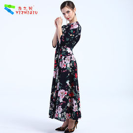 Comfortable Cotton Long Sleeve Black Maxi Dress With Button / Zippers Decoration