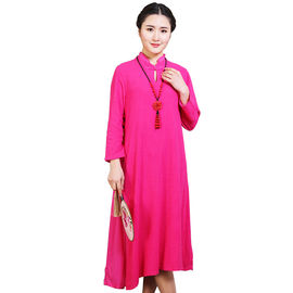 Pure Color Summer Cotton Cheongsam Dress Ankle Length With A - Line
