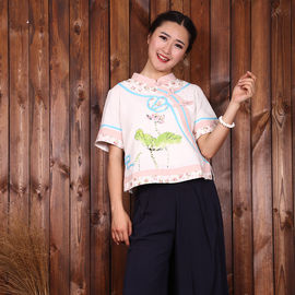 OEM Ethnic Vintage Embroidered Chinese Girl Blouses , White Modern Qipao Top