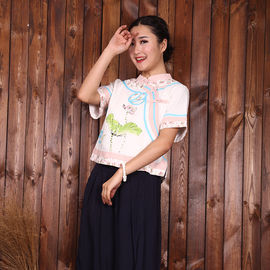 OEM Ethnic Vintage Embroidered Chinese Girl Blouses , White Modern Qipao Top
