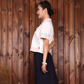 OEM Ethnic Vintage Embroidered Chinese Girl Blouses , White Modern Qipao Top